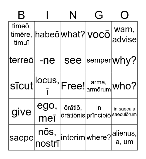 Latin lesson 10 and 11 Bingo Card