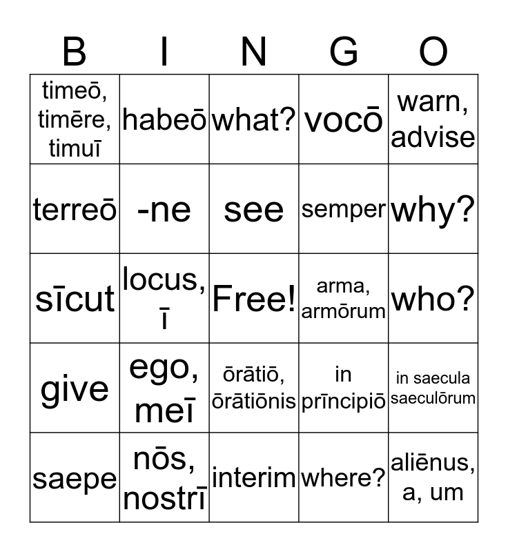 Latin lesson 10 and 11 Bingo Card