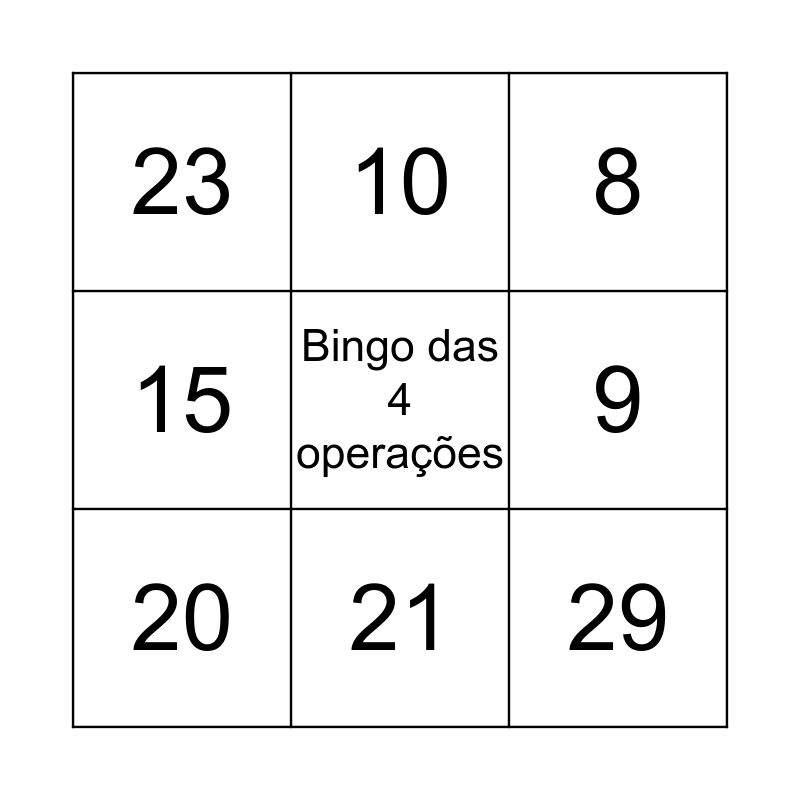 Bingo das 4 operações Bingo Card
