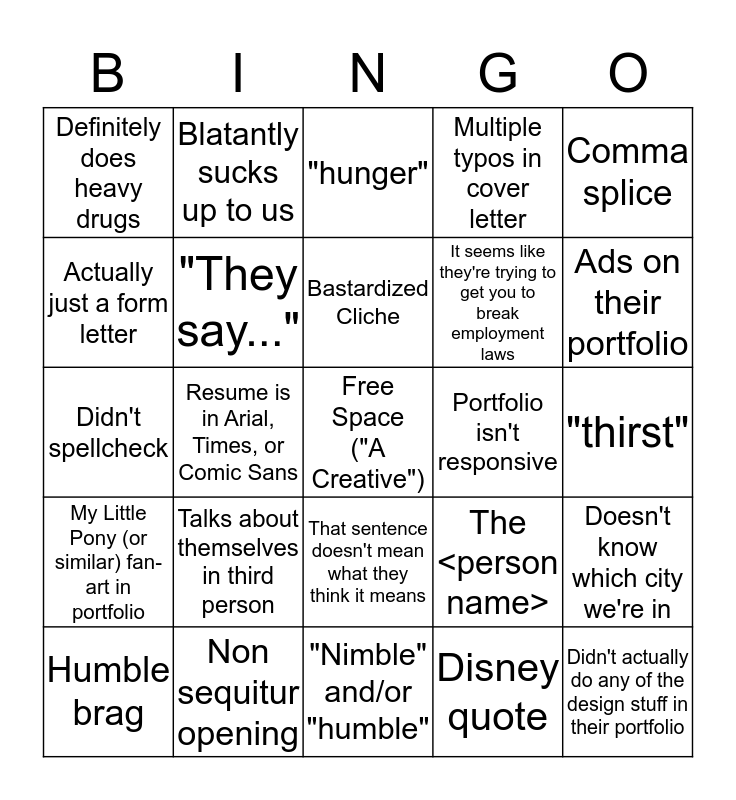 Designer Resume Bingo Card Bingo Card