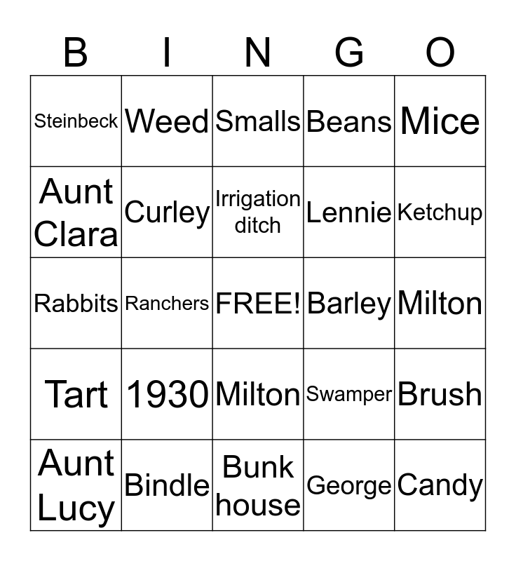 Of Mice & Men Bingo Card