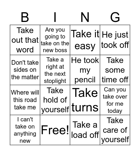 Take/Took Bingo Card