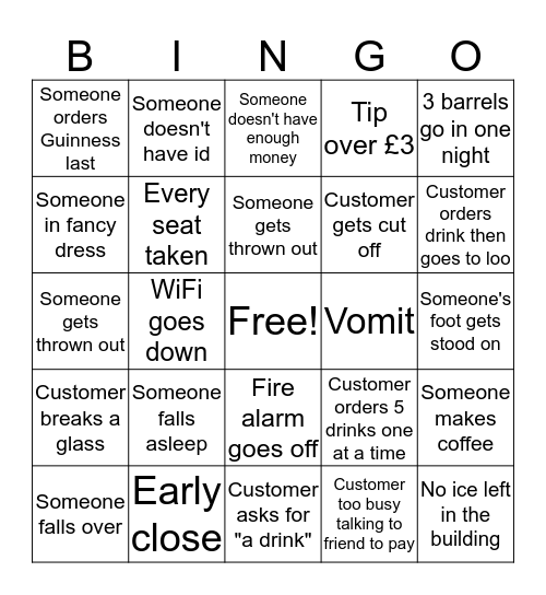 Bar Bingo Card