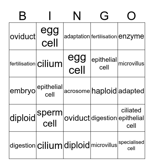 Specialised cells Bingo Card