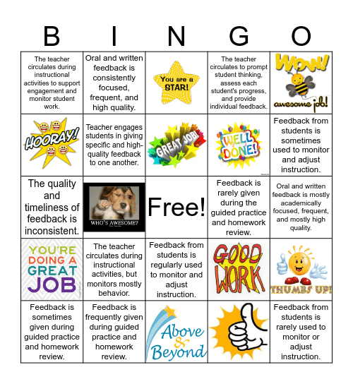 TAP Rubric: Academic Feedback Bingo Card