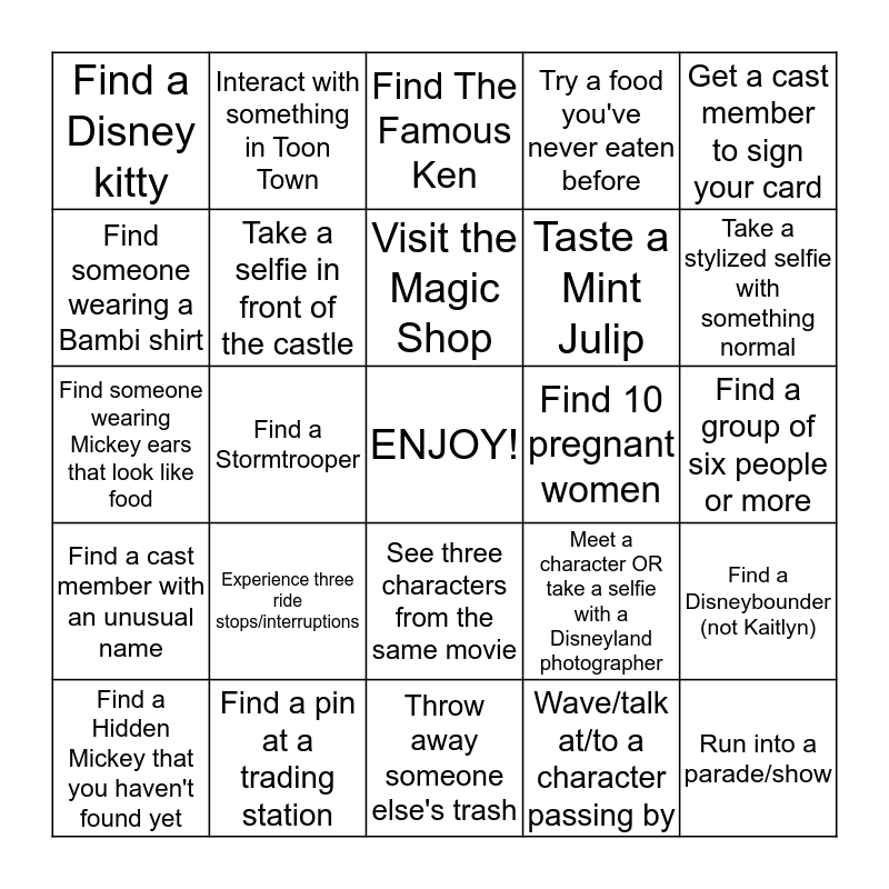 Disneyland 2018 Bingo Card