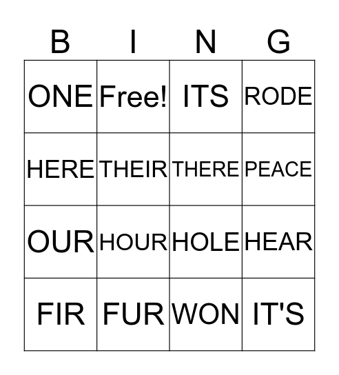 Homophone Bingo Card
