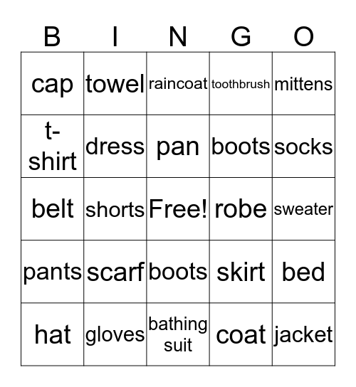 Clothing Bingo Card
