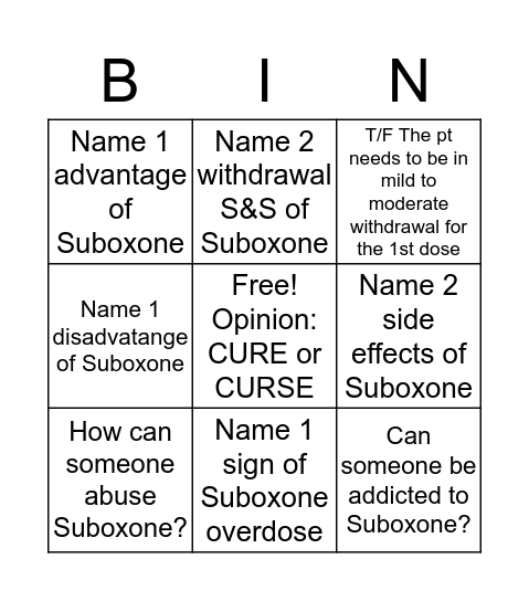 “Cure or Curse”: Long-term Suboxone Maintenance Therapy Bingo Card