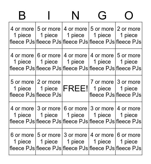 PJ Bingo Card