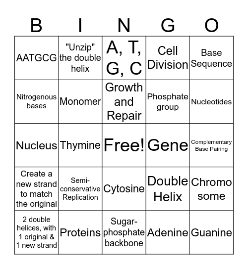 DNA Replication Bingo Card
