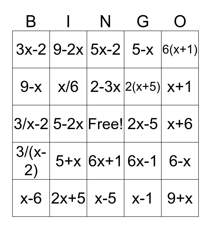 Expressions Bingo Card