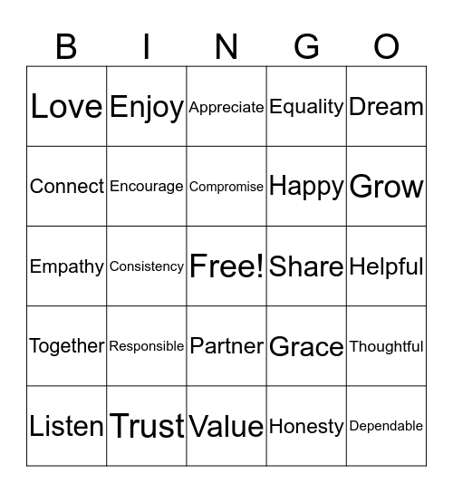 Healthy Relationships Bingo Card