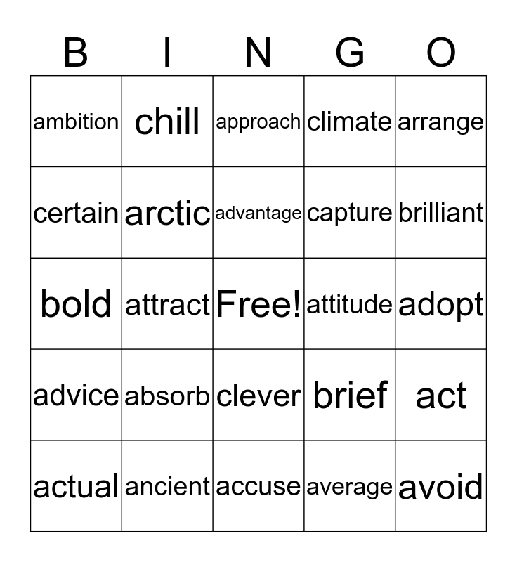 3rd grade vocabulary Bingo Card
