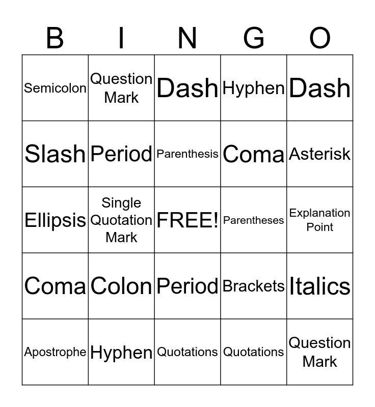 Punctuation Bingo Card