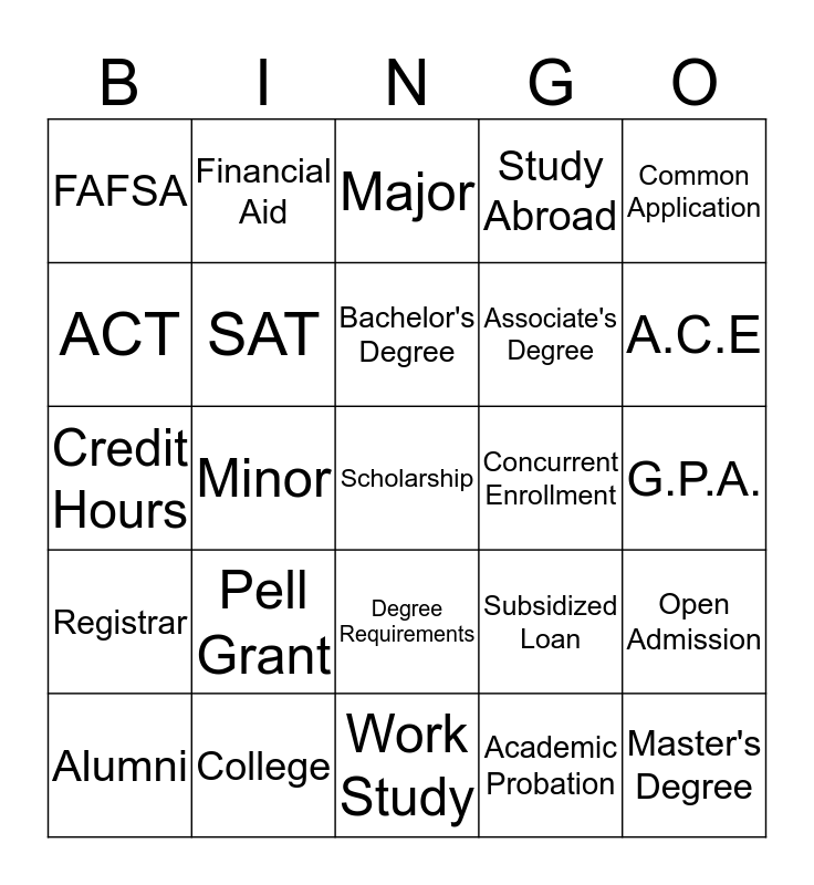 College Lingo Bingo Card