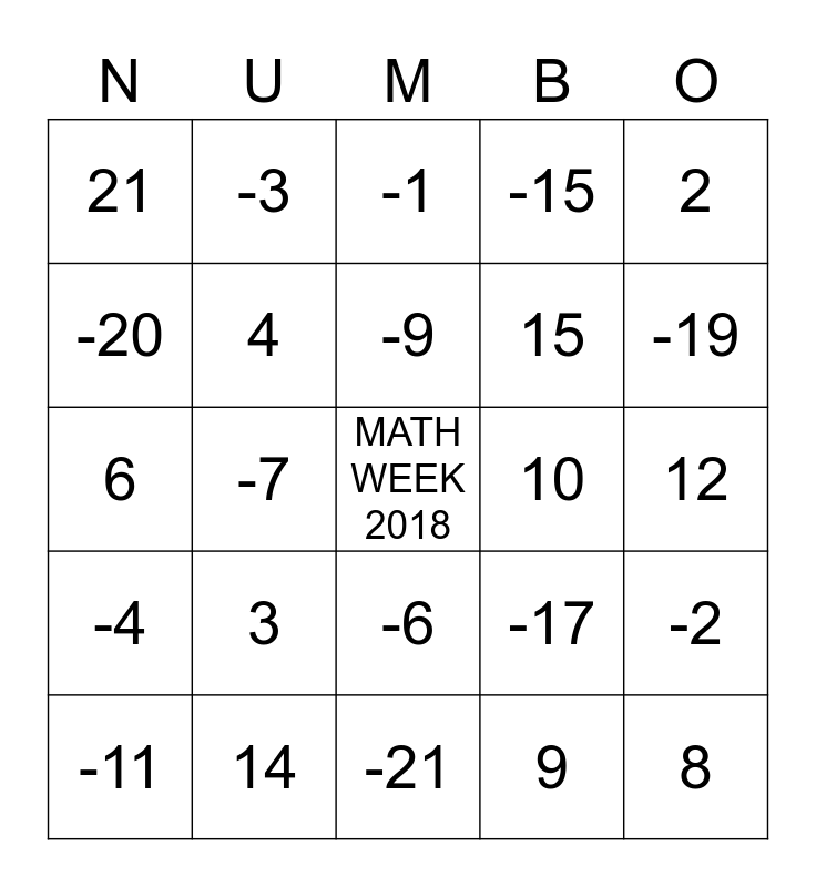 MATH WEEK CELEBRATION 2018 Bingo Card