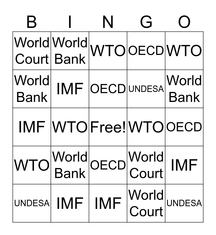 International Organizations Bingo Card