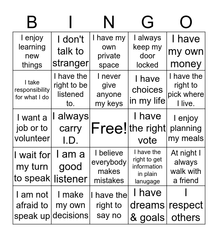 Self Advocacy Bingo Bingo Card