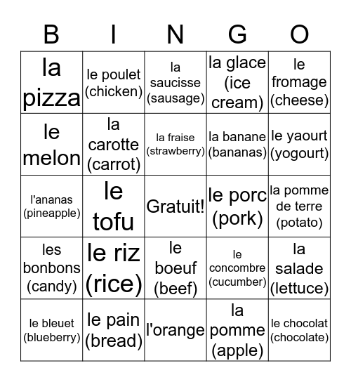 La nourriture Bingo Card