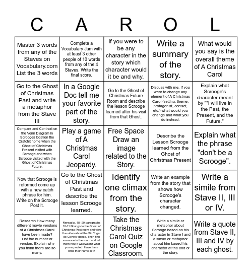 A Christmas Carol Bingo Card
