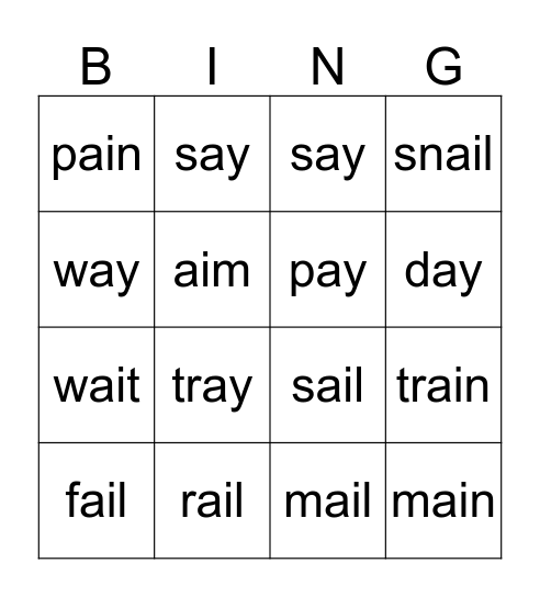 Ai and Ay Bingo Card