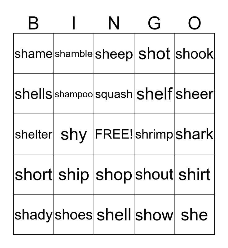 /sh/ Words Bingo Card