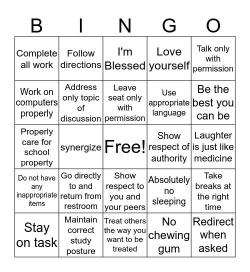 Classroom Rules Bingo Card