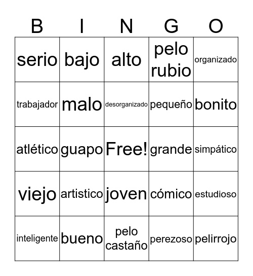 Spanish Adjectives Bingo Card