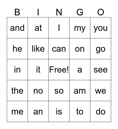 Fountas and Pinnell 25 Word List Bingo Card
