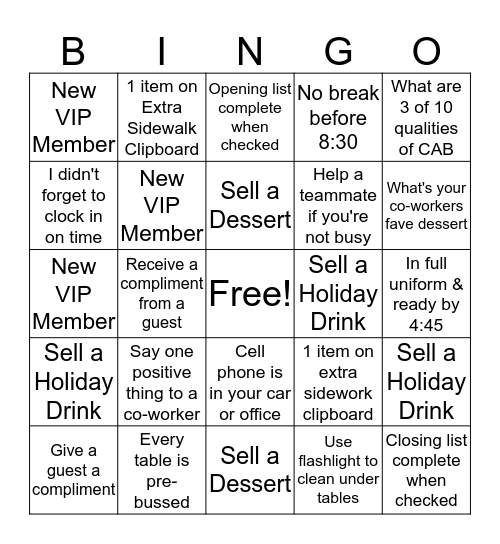 Server: __________ Bingo Card