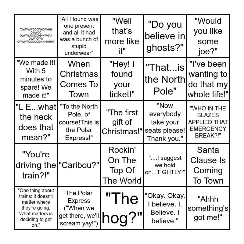 The Polar Express Bingo Card