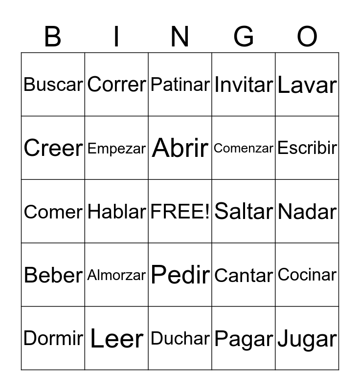 Regular Preterit Bingo Card