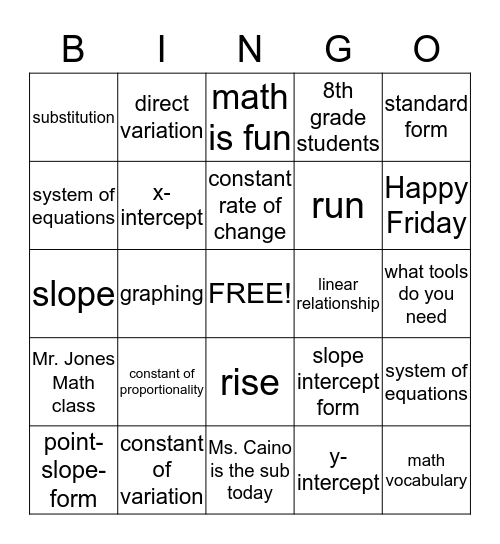 Systems of Equations Bingo Card