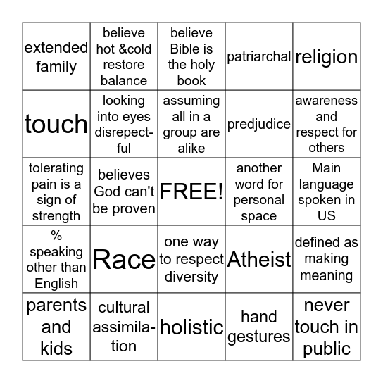 Cultural Diversity Bingo Card