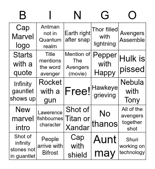 Untitled Avengers movie Bingo Card