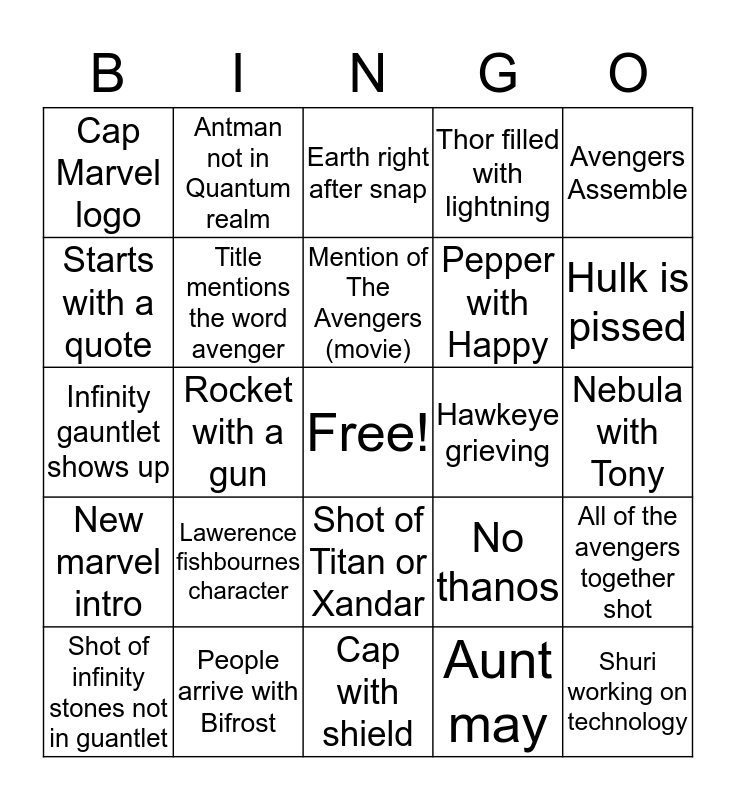 Untitled Avengers movie Bingo Card