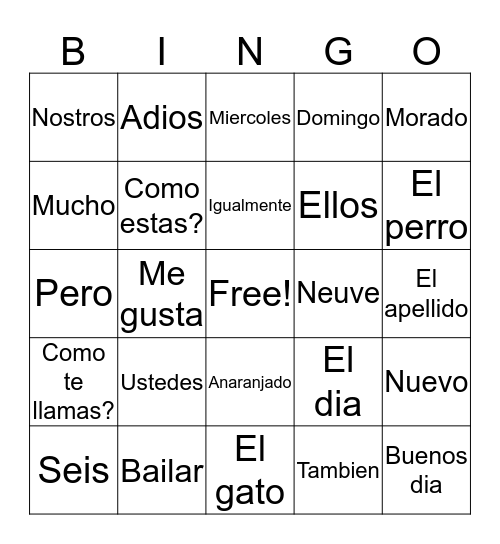 Spanish Bingo Card