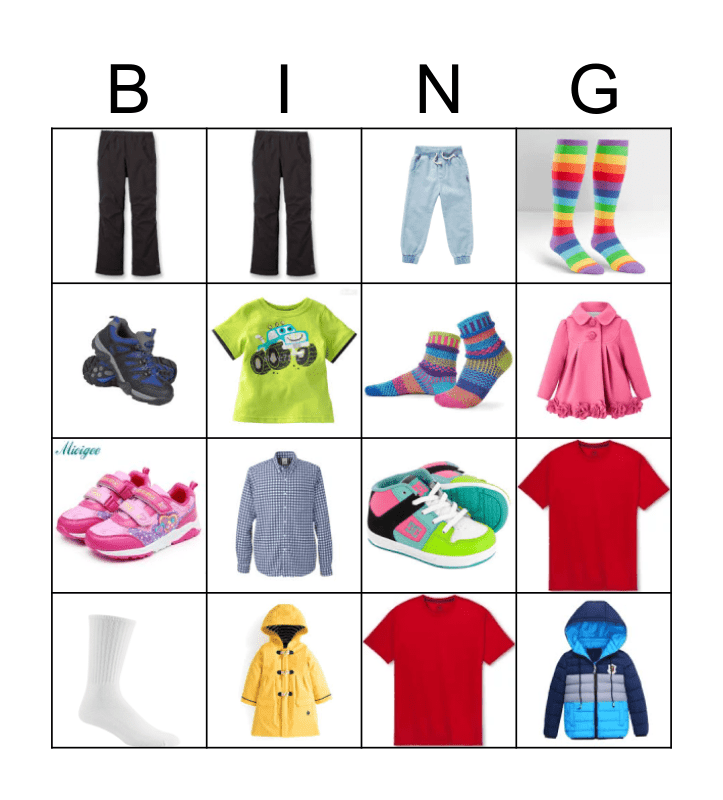 Basic Clothing Bingo Card