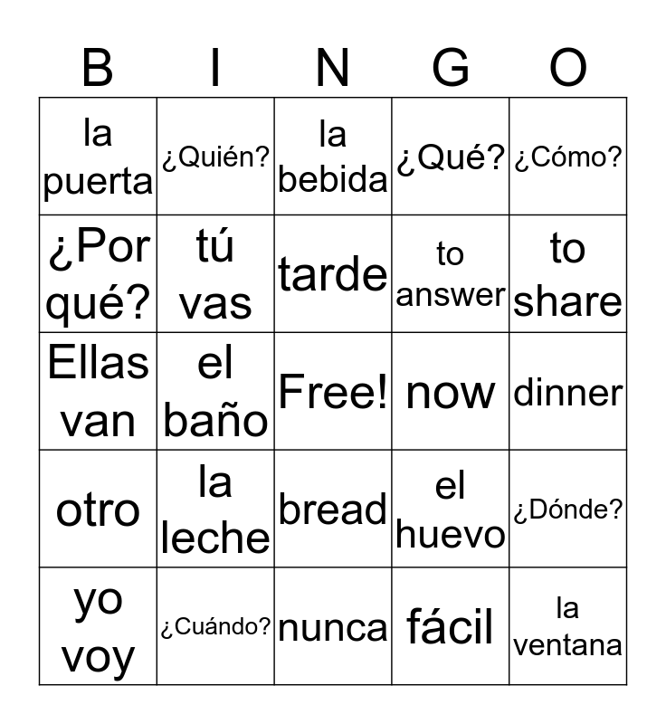 Unidad 3 Lección 1 Vocabulario Bingo Card