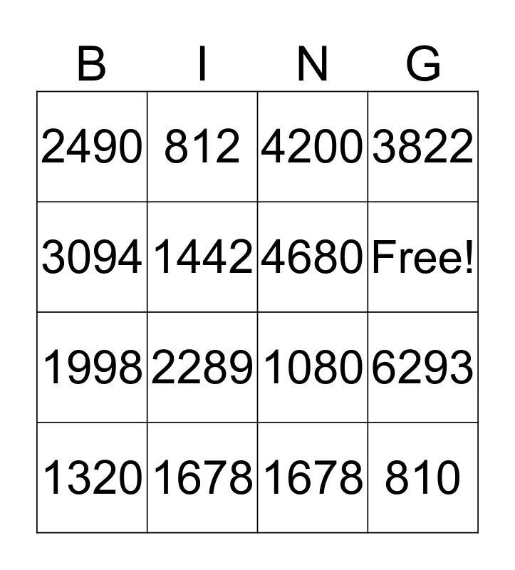 3 digit multiplication Bingo Card