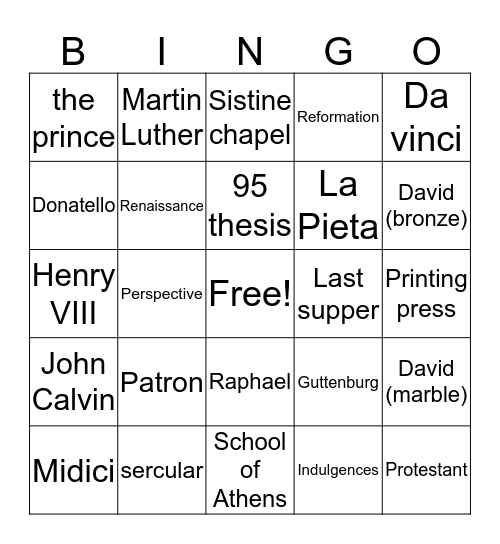 Renaissance Bingo Card
