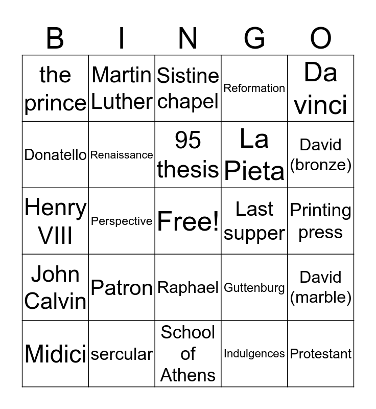 Renaissance Bingo Card