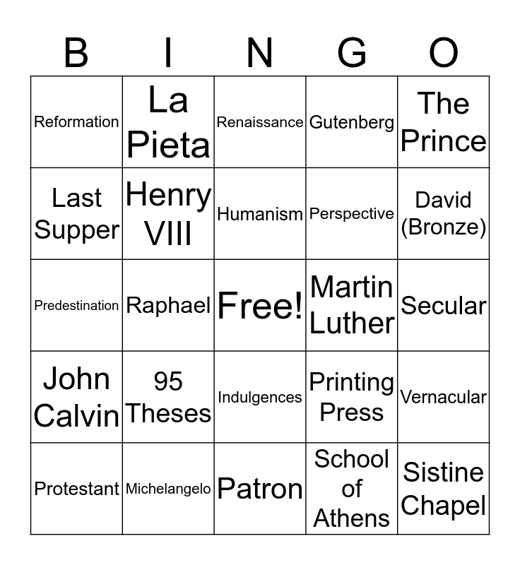 Renaissance Bingo Card