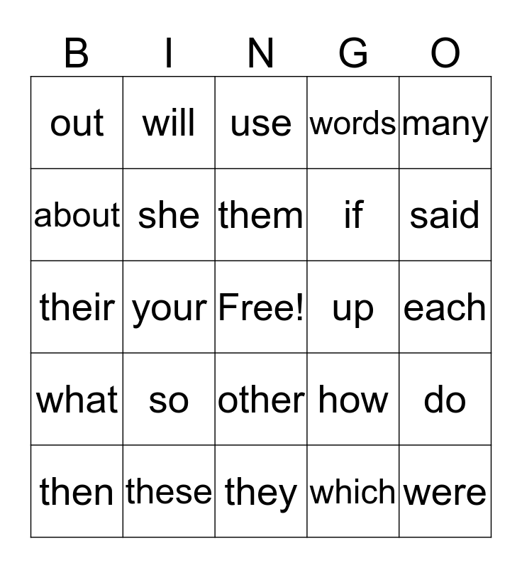 Fry First 100 Words 1-60 Bingo Card