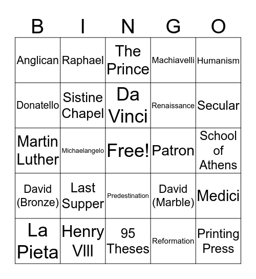 Renaissance Bingo Card