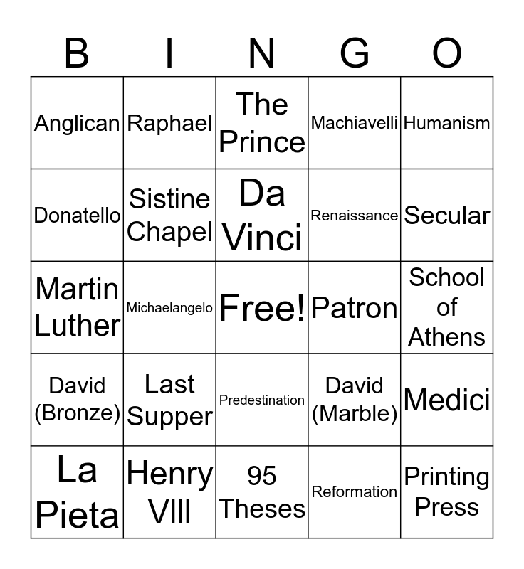 Renaissance Bingo Card