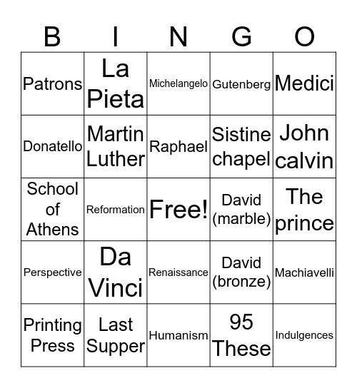 Renaissance Bingo Card