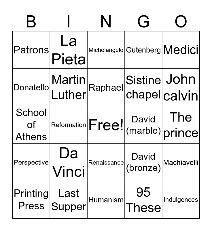 Renaissance Bingo Card