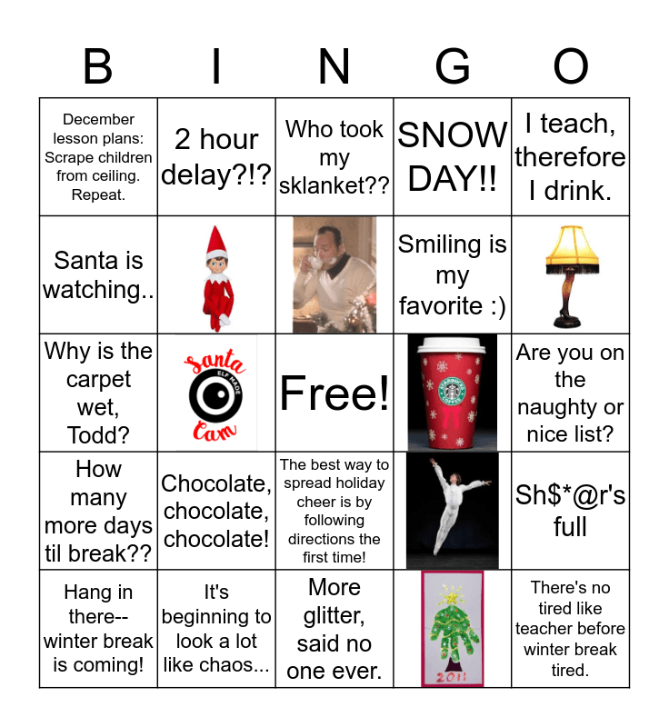 Teacher's Christmas Bingo Card